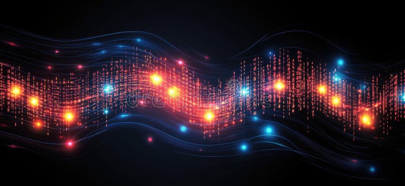 Digital Wave Pattern with Glowing Lights and Binary Code Representation, Showcasing Technology ...