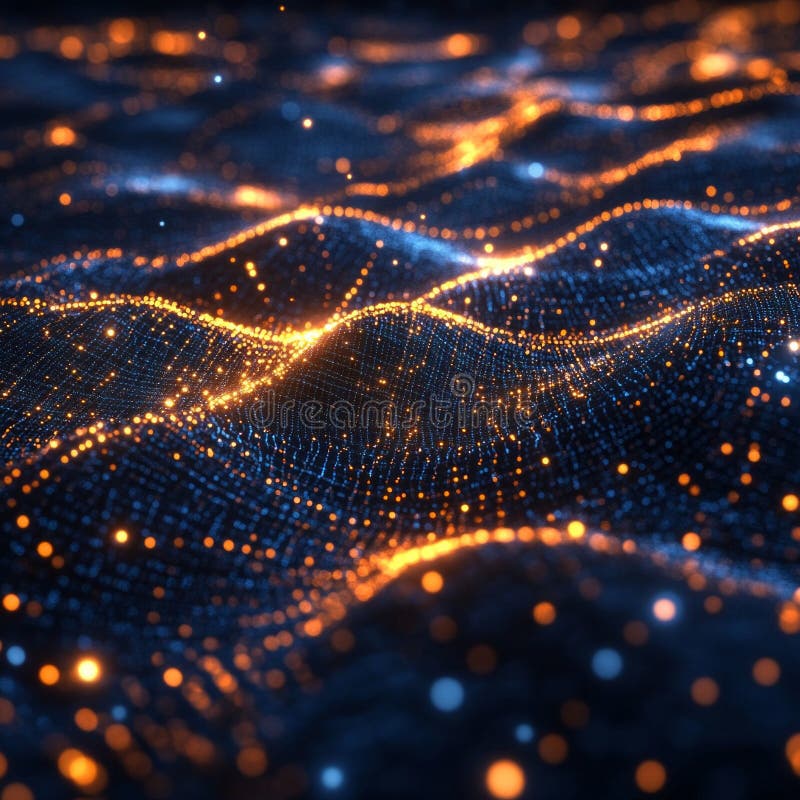 Digital Waveform Glowing Orange Blue Grid Floating Particles Stock ...