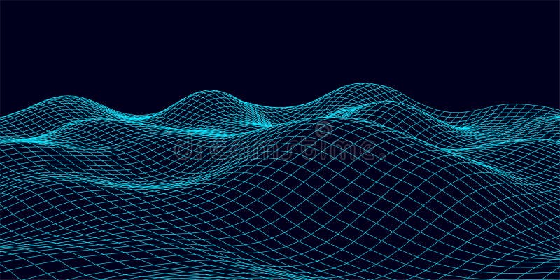 Digital Wavy Wireframe Landscape. Futuristic Linear Undulating Terrain ...