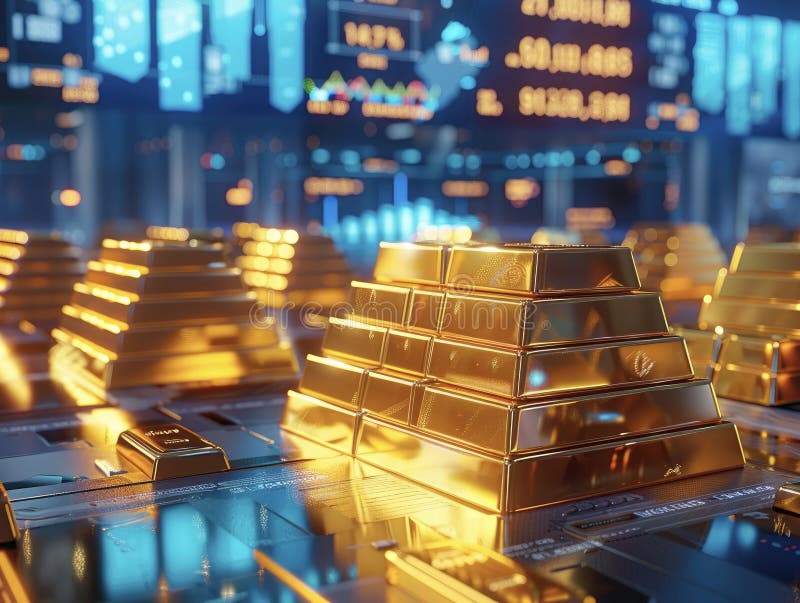 Digital Wealth Gold Bars Stack High Amidst Futuristic Financial Visuals ...