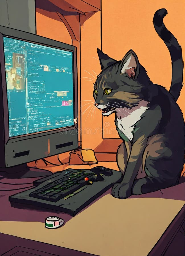 Digital Whiskers: the Cyber Cat Coder Stock Illustration - Illustration of modern, whiskers ...