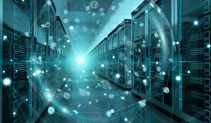 Earth Network Flying Over Server Room Data Center 3D Rendering Stock ...