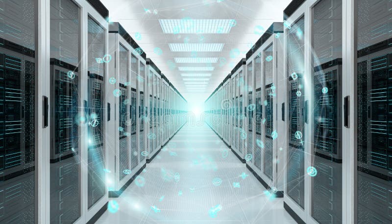 Earth Network Flying Over Server Room Data Center 3D Rendering Stock ...