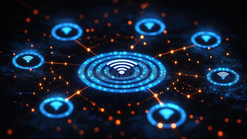 Digital Wifi Network Graphic Shows Modern Tech Connectivity. Multiple ...