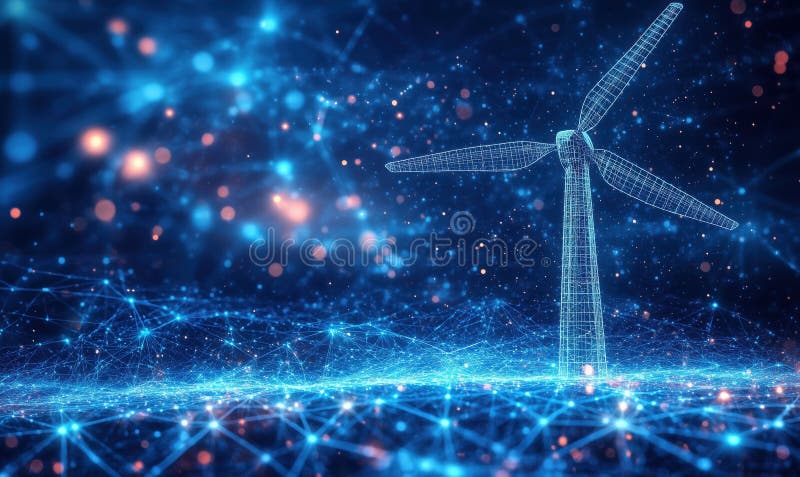 Digital Wind Turbine in Futuristic Network Environment with Glowing ...
