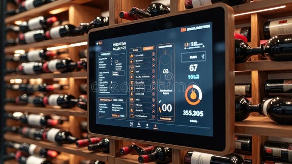 Digital Wine Cellar Display in Modern Wine Storage with Bottles Stock ...
