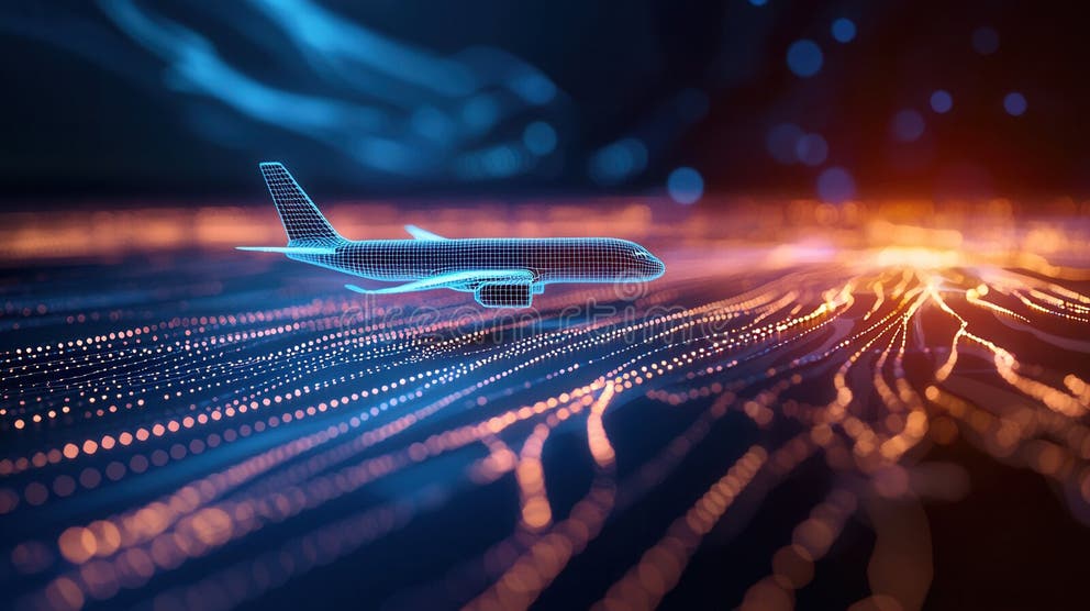 Digital Wireframe Aircraft Soaring through Glowing and Paths ...