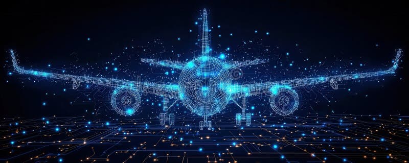 Digital Wireframe Airplane with Glowing Technology Background Stock ...