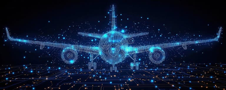 Digital Wireframe Airplane with Glowing Technology Background Stock ...