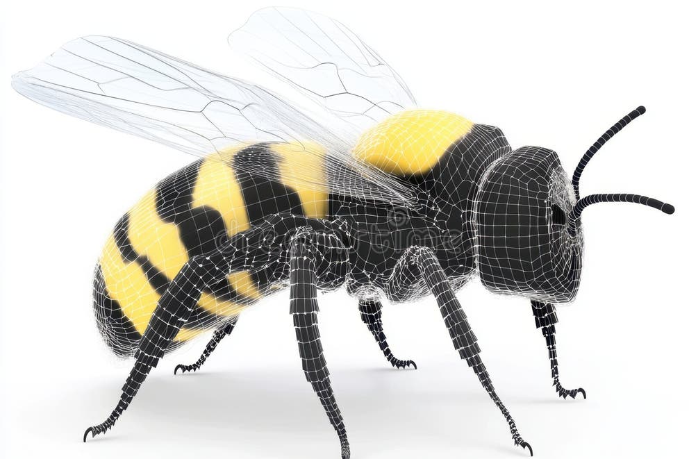 Digital Wireframe of Bee with Textured 3D Model and Transparent Wings ...