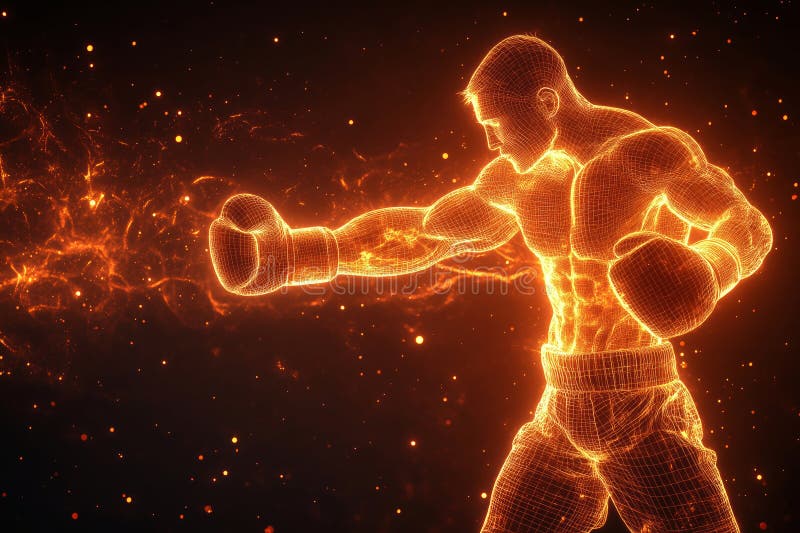 Digital Wireframe Boxer Glowing with Energy, Poised for a Powerful ...