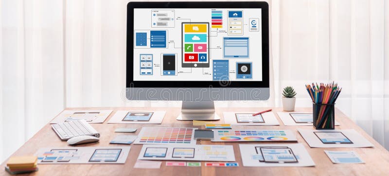 Digital Wireframe Design for Web or Mobile App UI on Laptop. Scrutinize ...