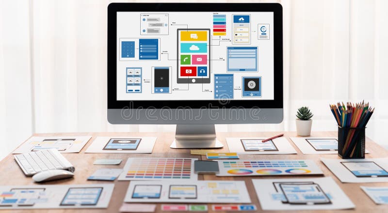 Digital Wireframe Design for Web or Mobile App UI on Laptop. Scrutinize ...