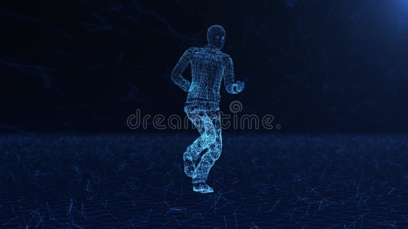 Digital Wireframe Figure Running in a Virtual Blue Environment Stock ...