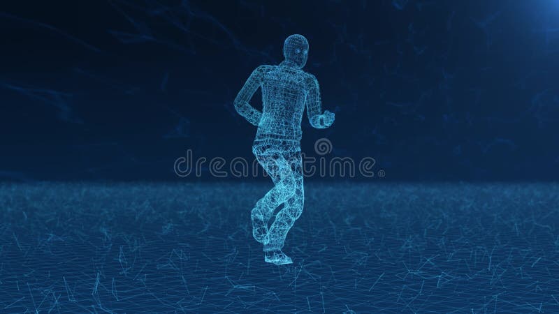 Digital Wireframe Figure Running in a Virtual Blue Environment Stock ...