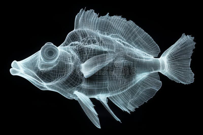 Digital Wireframe of Fish on Black Background Highlighting Intricate ...
