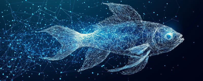 Digital Wireframe Fish Illustration on Dark Blue Background Stock Image ...