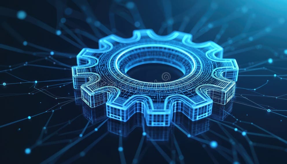 Digital Wireframe Gear Illustration Against Deep Blue Background. Tech ...