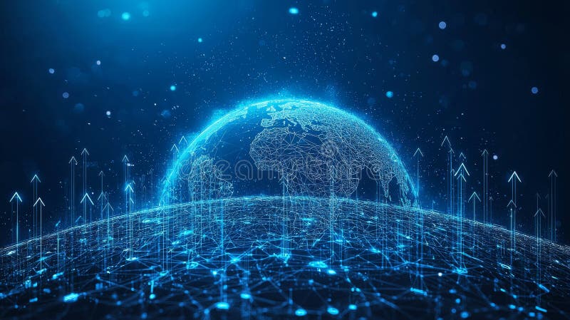 Digital Wireframe Globe with Data Connections and Upward Arrows ...