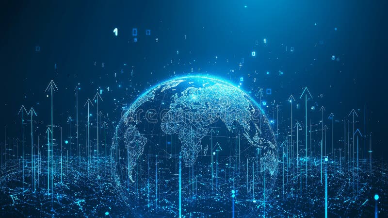 Digital Wireframe Globe with Data Streams and Upward Arrows Symbolizing ...