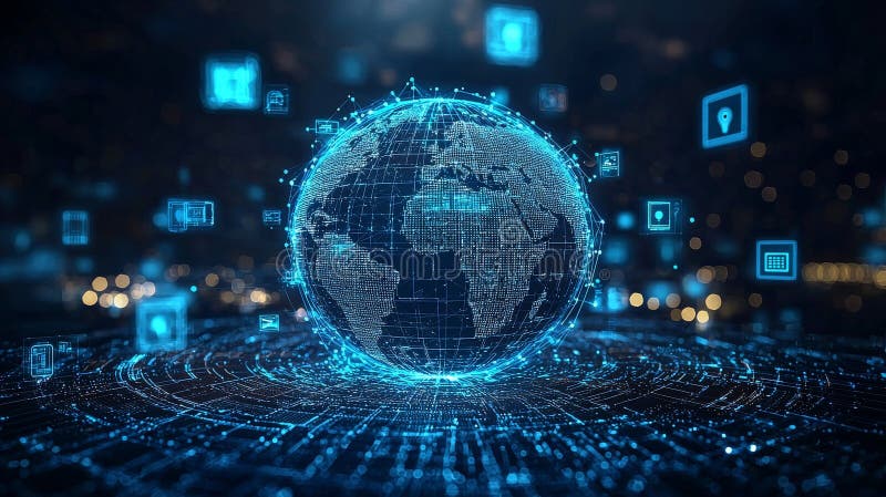 Digital Wireframe Globe Surrounded by Various Technological Icons and ...