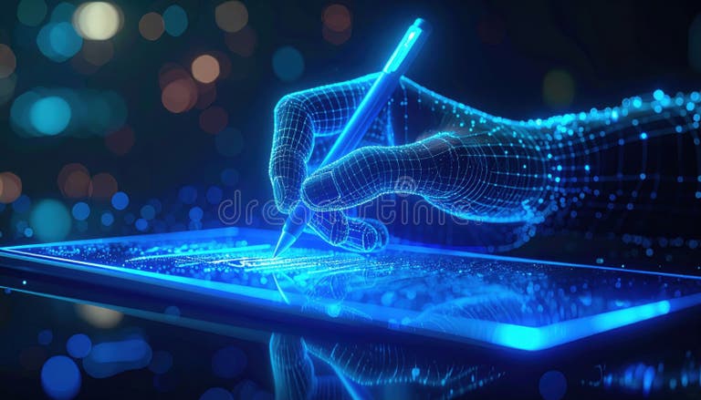 Digital Wireframe Hand Drawing on Tablet with Blue Lights Representing ...