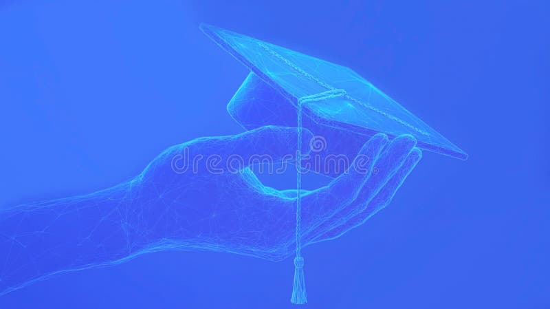 Digital Wireframe Hand Holding a Graduation Cap, Symbolizing Virtual ...