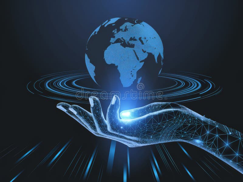 Digital Wireframe Hand Supporting Networked Globe with Technology Glow ...