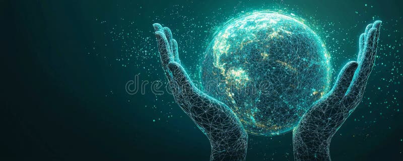 Digital Wireframe Hands Holding a Glowing Globe with Connected Points ...