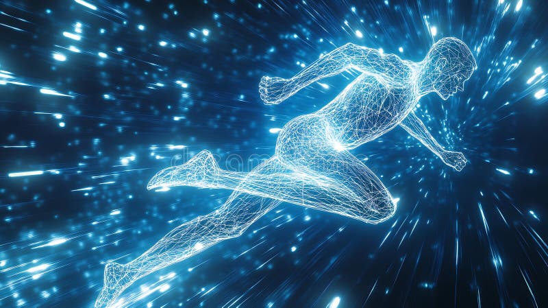 Digital Wireframe of a Human Figure Running Fast, Symbolizing Speed and ...