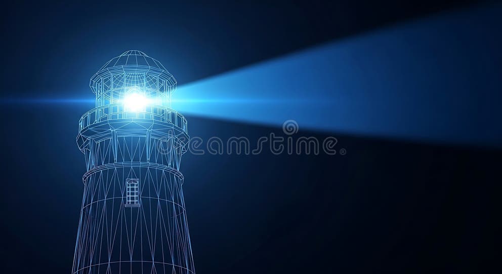 A Digital Wireframe Illustration of a Lighthouse Emitting a Bright Beam ...