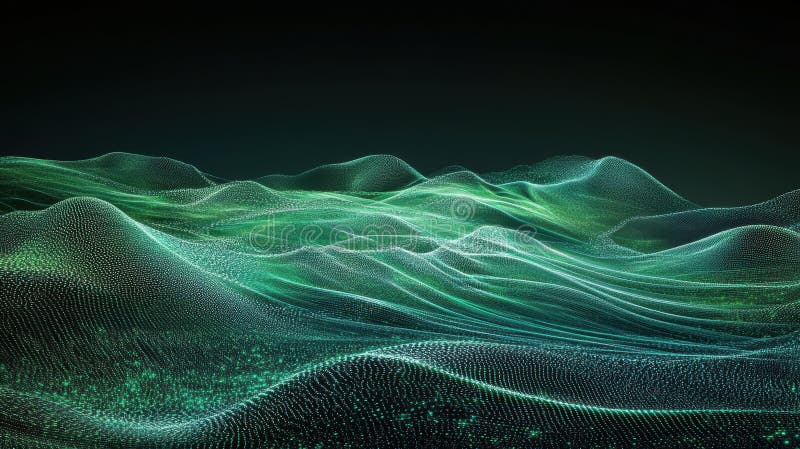 Digital Wireframe Landscape with Flowing Green Waves and Geometric ...