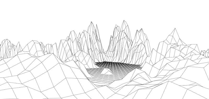 Digital Wireframe Landscape. Wireframe Terrain Polygon Landscape Design ...