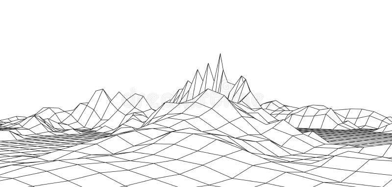 Digital Wireframe Landscape. Wireframe Terrain Polygon Landscape Design ...