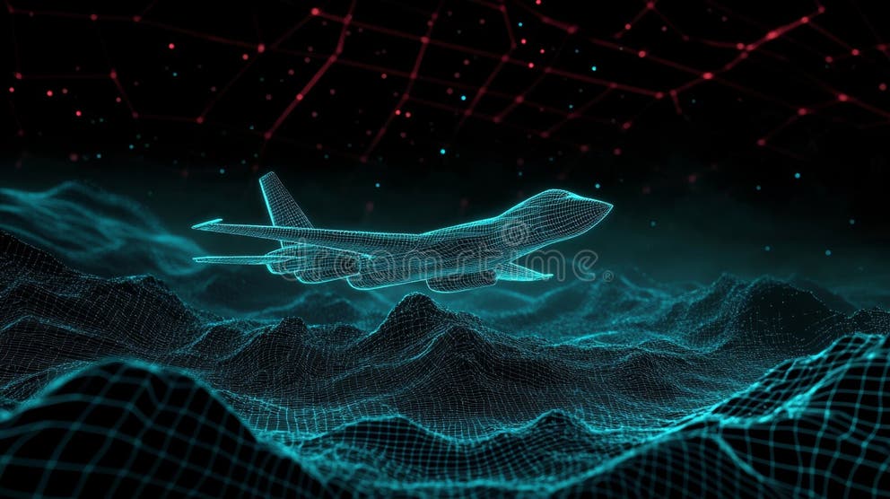 Digital Wireframe Model of a Jet Fighter Soaring Above a Detailed ...