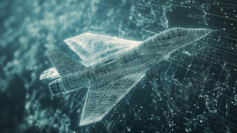 Digital Wireframe Model of a Jet Fighter Soaring Over a Detailed ...
