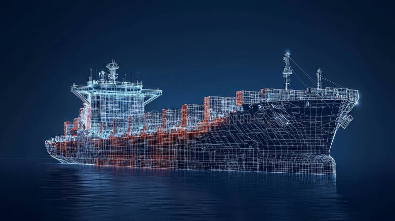 A 3D Wireframe Design of a Cargo Ship Against a Red Background ...