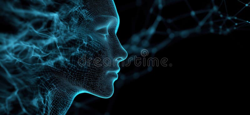 Digital Wireframe Representation of Human Face with Glowing Blue Lines ...