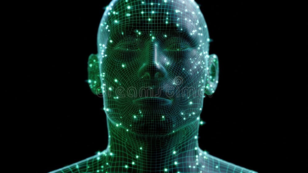 A Digital Wireframe Representation of a Human Face with Glowing Data ...
