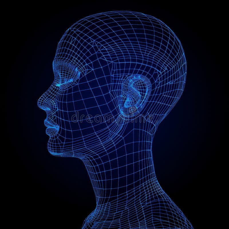 A Digital Wireframe Representation of a Human Head Silhouette at Night ...
