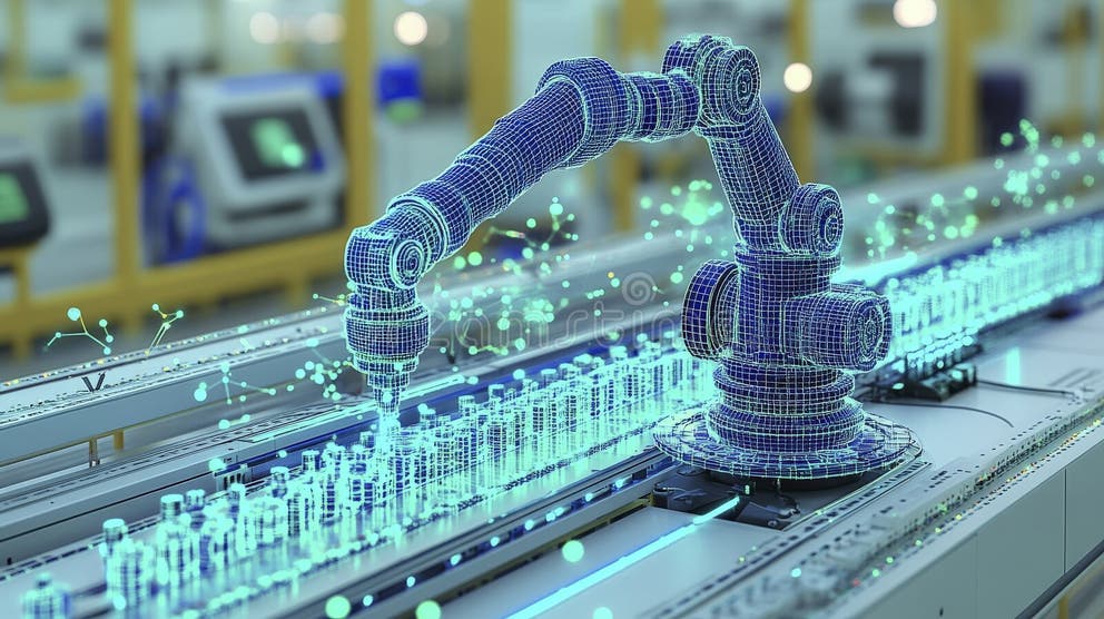 Digital Wireframe Robotic Arm in Futuristic Setting Stock Illustration ...