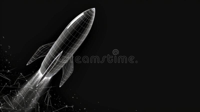 A Digital Wireframe Rocket Launching into a Starry Sky, Overlaying a ...