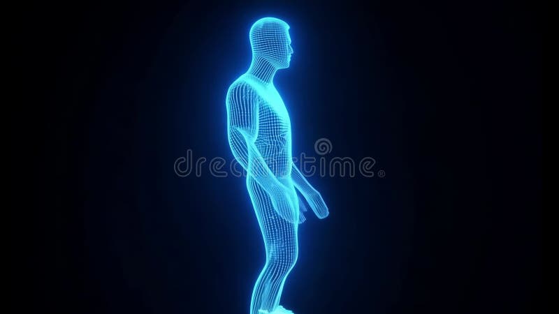 A Digital Wireframe of a Standing Human Figure Glowing in Blue ... A Digital Wireframe of a Standing Human Figure Glowing in Blue ...