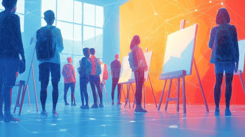 Digital Wireframe of Students Participating in an Art Class with Easels ...