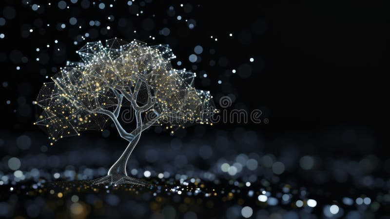 Digital Wireframe Tree with Glowing Nodes Stock Illustration ...