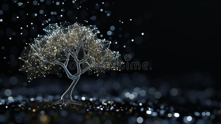 Digital Wireframe Tree with Glowing Nodes Stock Illustration ...