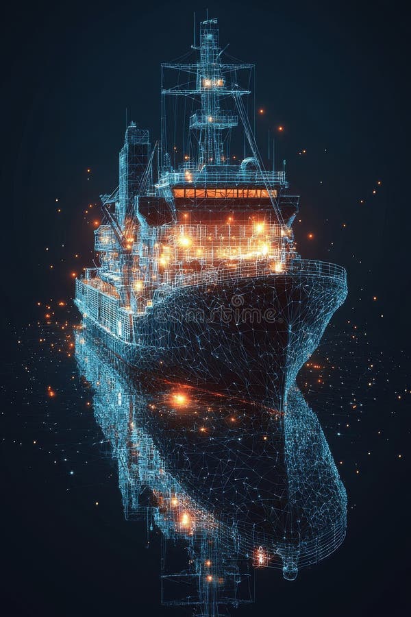 Digital Wireframe Visualization of a Modern Ship in a Futuristic Style ...
