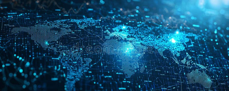 Digital Wireframe World Map with Glowing Blue Connections and Data ...
