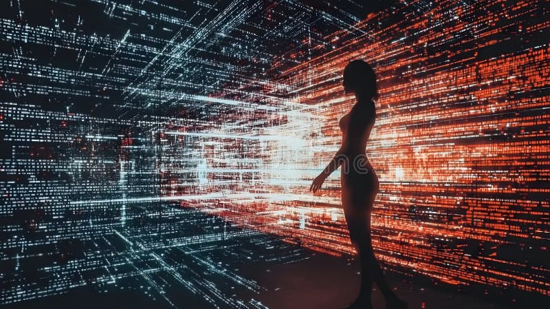 Digital Woman Immersed in Abstract Data Flow Cybersecurity Concept of Artificial Intelligence ...