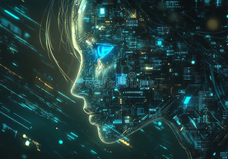 Digital Woman Profile with Glowing Circuitry and Data Stream Concept ...